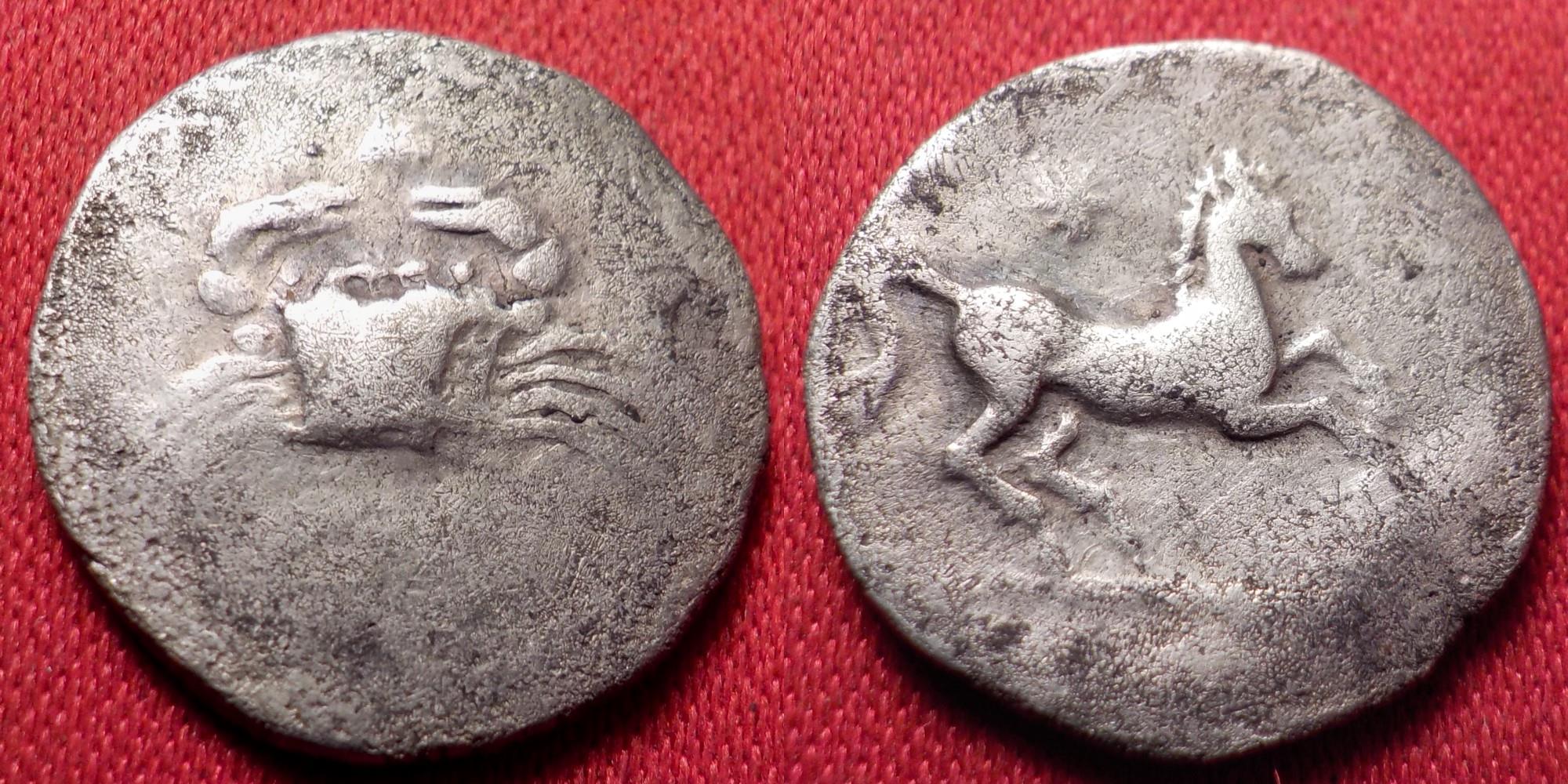 AKRAGAS, SICILY AR silver hemidrachm. 338-287 BC. Horse galloping / Crab
