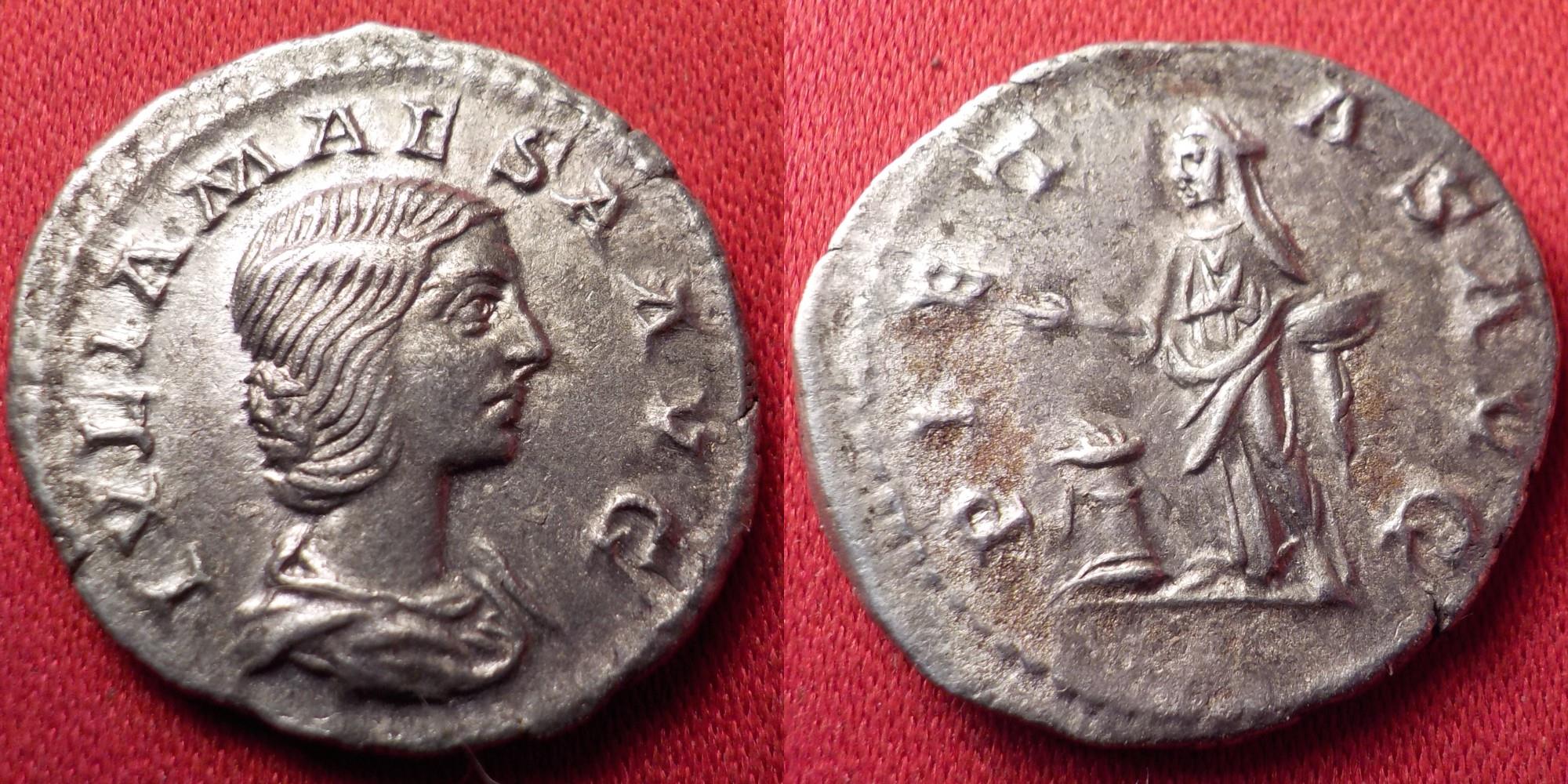 JULIA MAESA AR silver denarius. Pietas standing beside flaming altar.