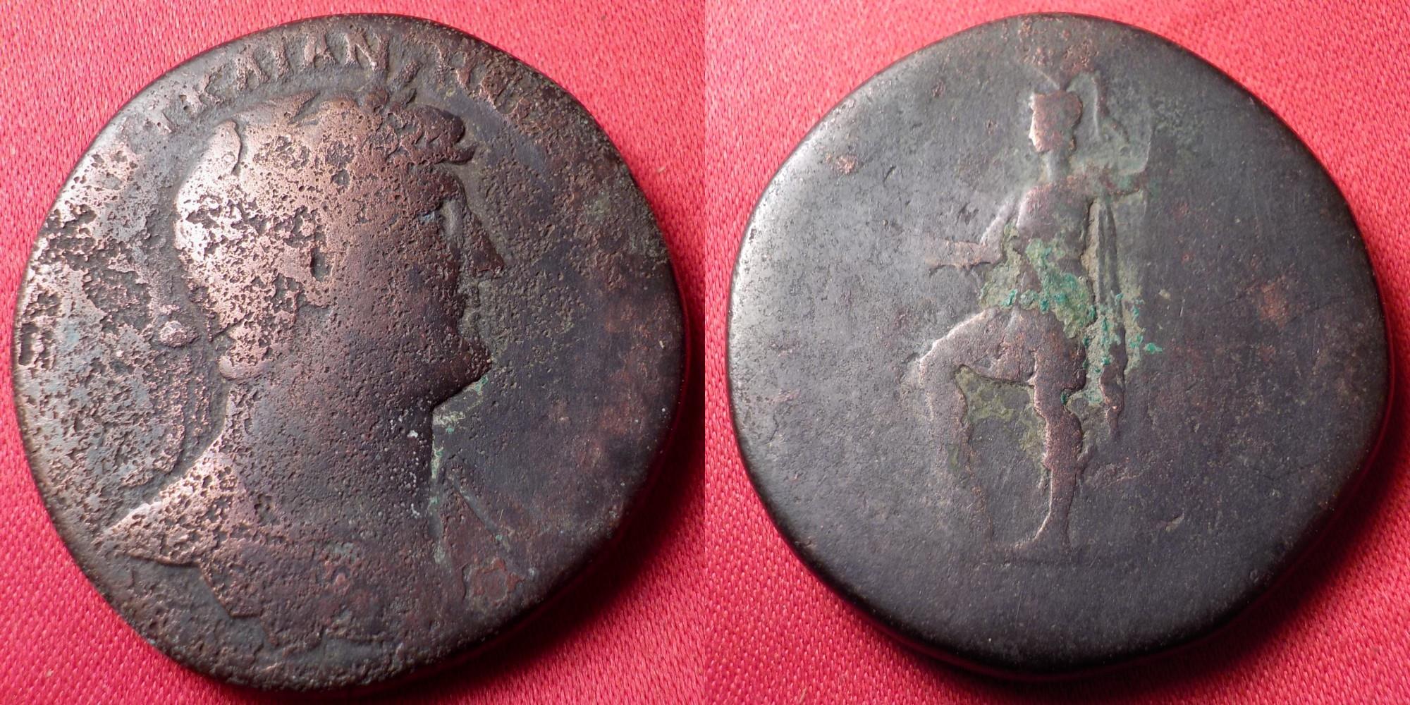HADRIAN AE sestertius. VIRT AVG, Virtus standing left, holding spear ...