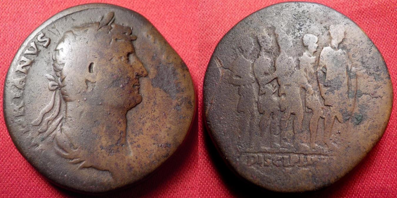 HADRIAN AE sestertius. DISCIPLINA AVG, Hadrian walking, followed by ...