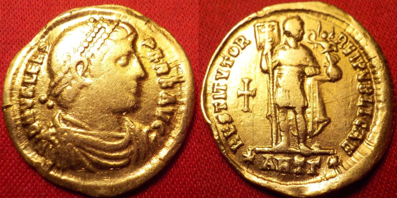 VALENS AU gold solidus. Antioch mint. RESTITUTOR REIPUBLICAE, Emperor ...