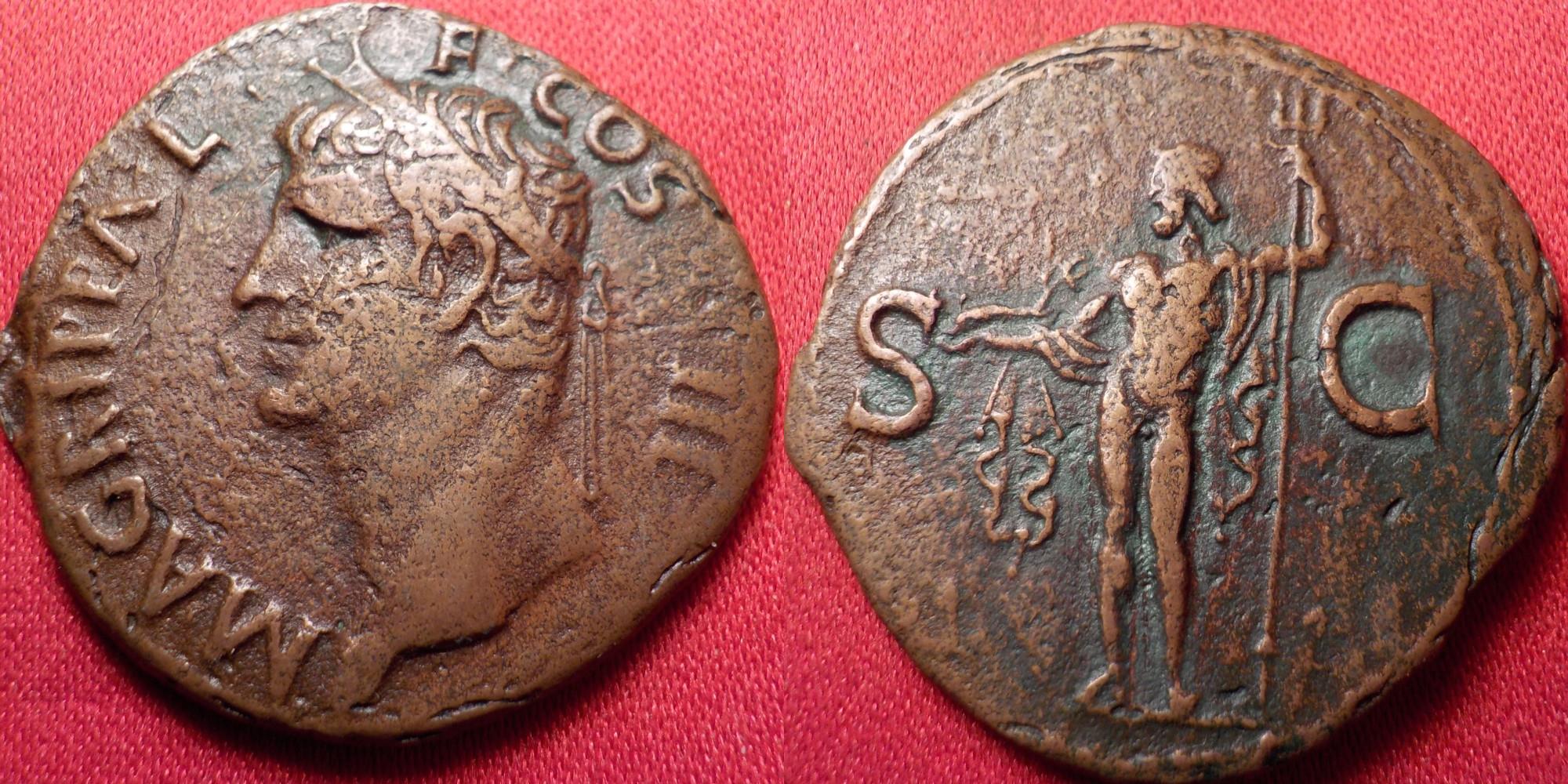 AGRIPPA AE as. Neptune standing, holding trident & dolphin. Memorial ...