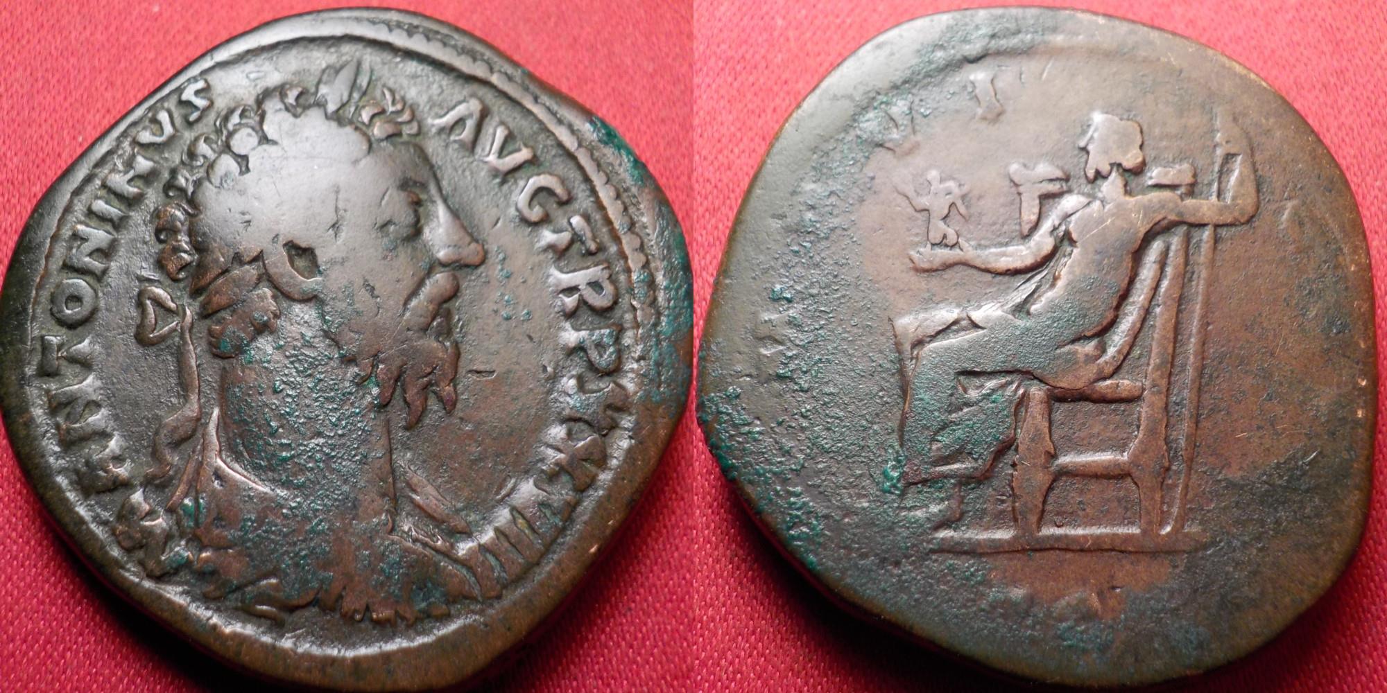 MARCUS AURELIUS AE sestertius. Rome, 174 AD. Jupiter seated left.