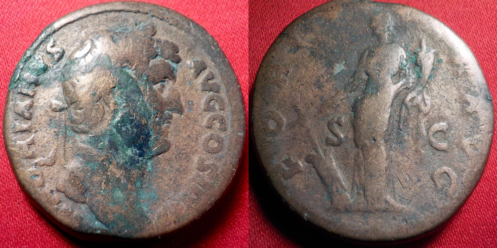 HADRIAN AE sestertius. Rome, 134-138 AD. Fortuna standing, holding ...