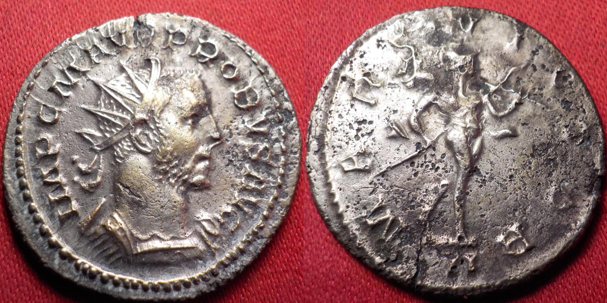 PROBUS AE silvered antoninianus. Lugdunum mint. MARS VICTOR, Mars walking.