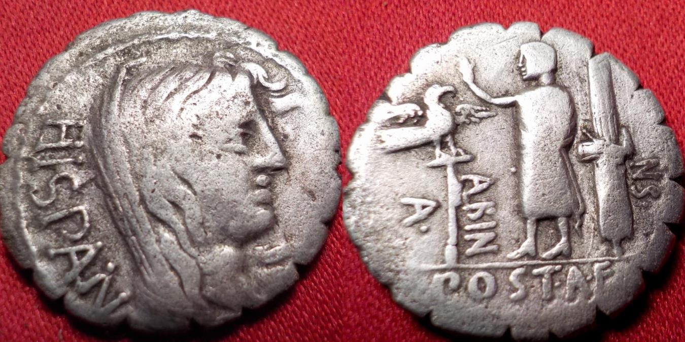 AULUS POSTUMIUS ALBINUS serratus denarius. 81 BC. Veiled Hispania ...