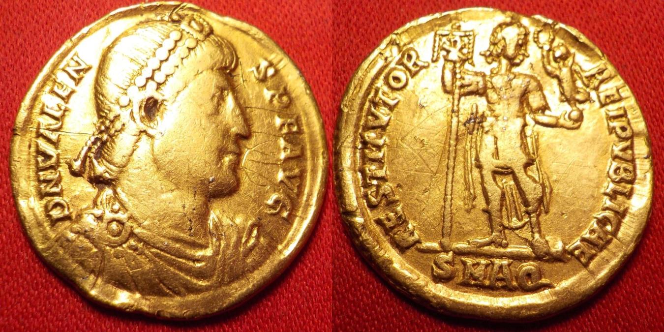 VALENS AU gold solidus. Aquleia mint, 364-367 AD. Restitutor ...