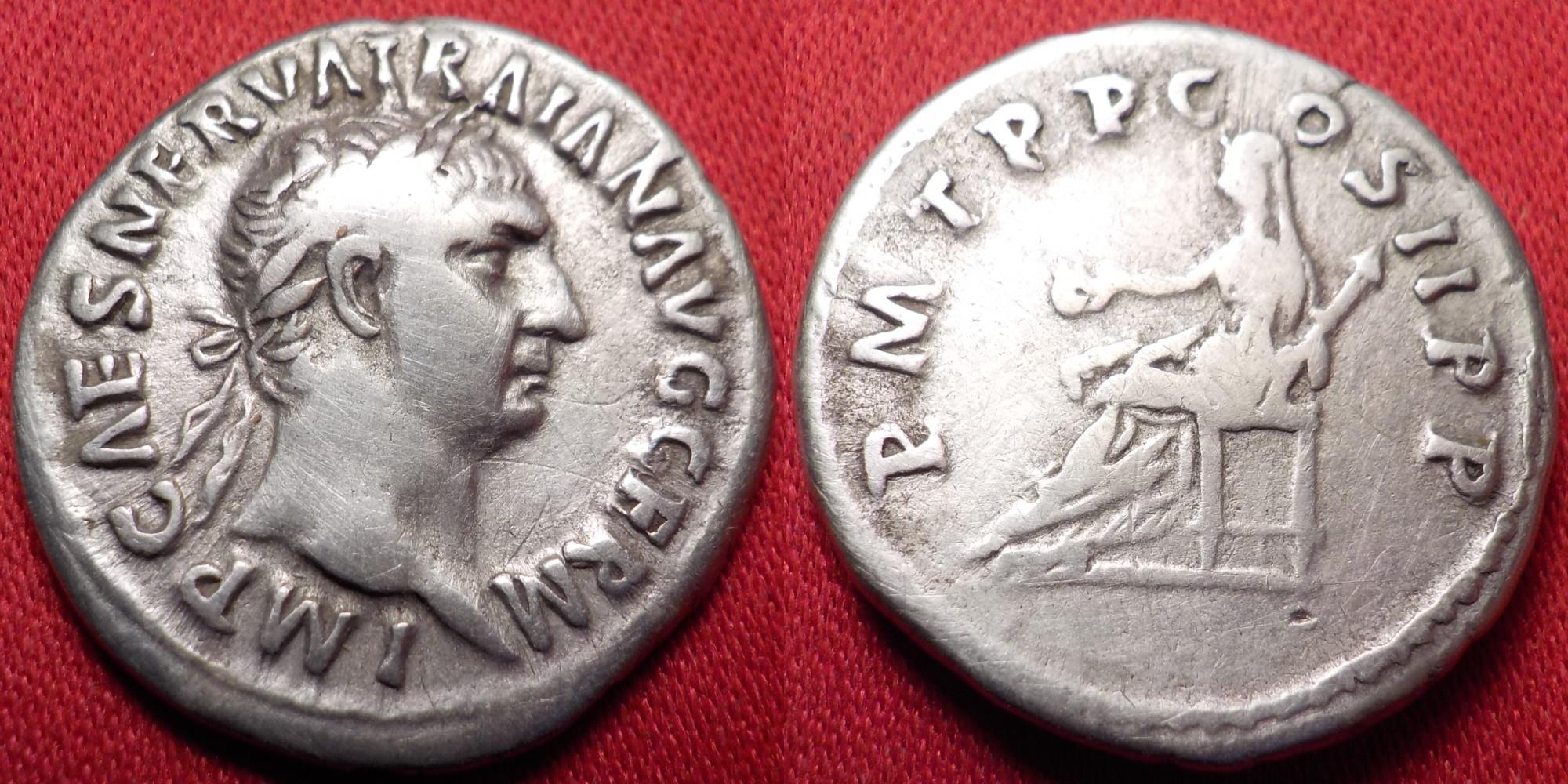 TRAJAN AR silver denarius. First year issue, Vesta seated. | Roman ...