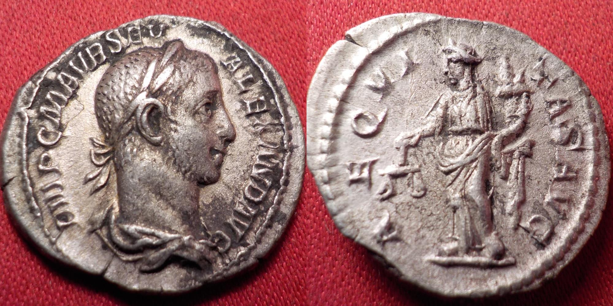 SEVERUS ALEXANDER AR silver denarius, Aequitas holding scales.