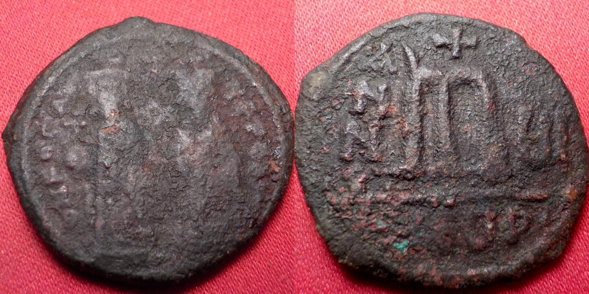 PHOCAS & LEONTIA AE follis. Theoupolis (Antioch) mint, 604-605 AD.