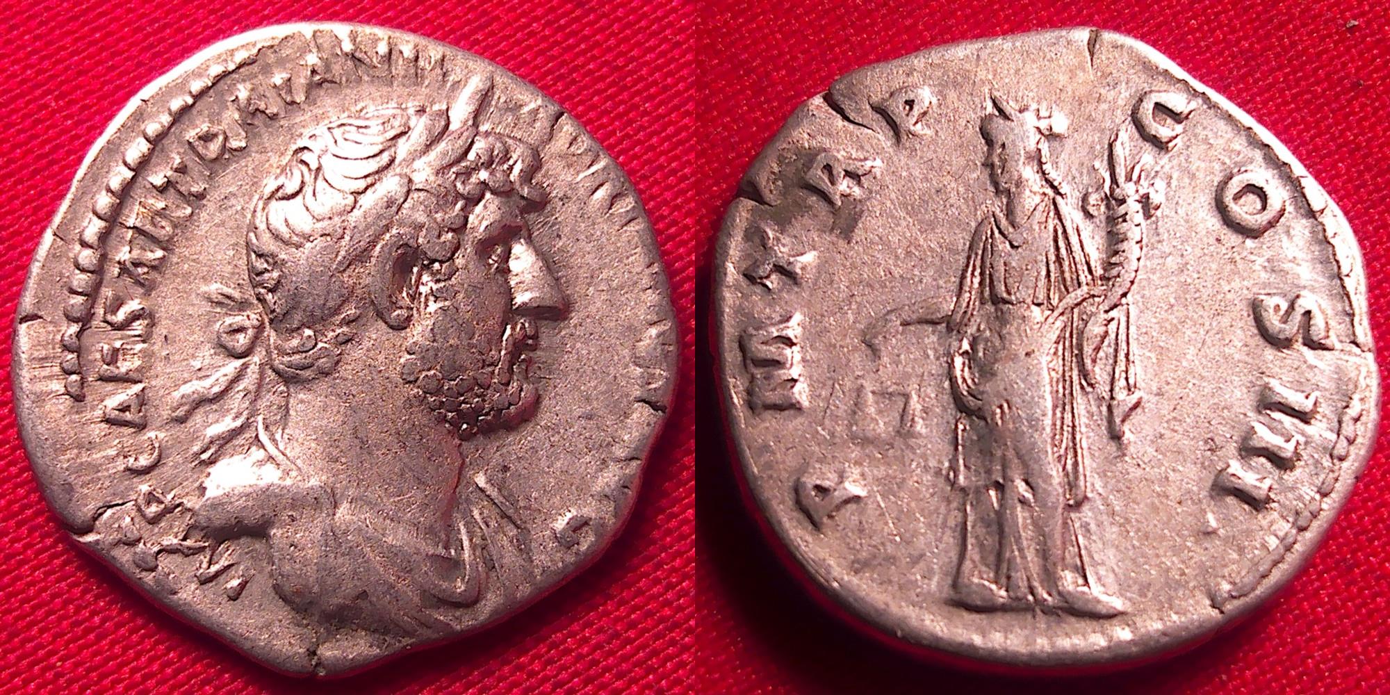 HADRIAN AR silver denarius. Aequitas standing, holding scales & cornucopia.