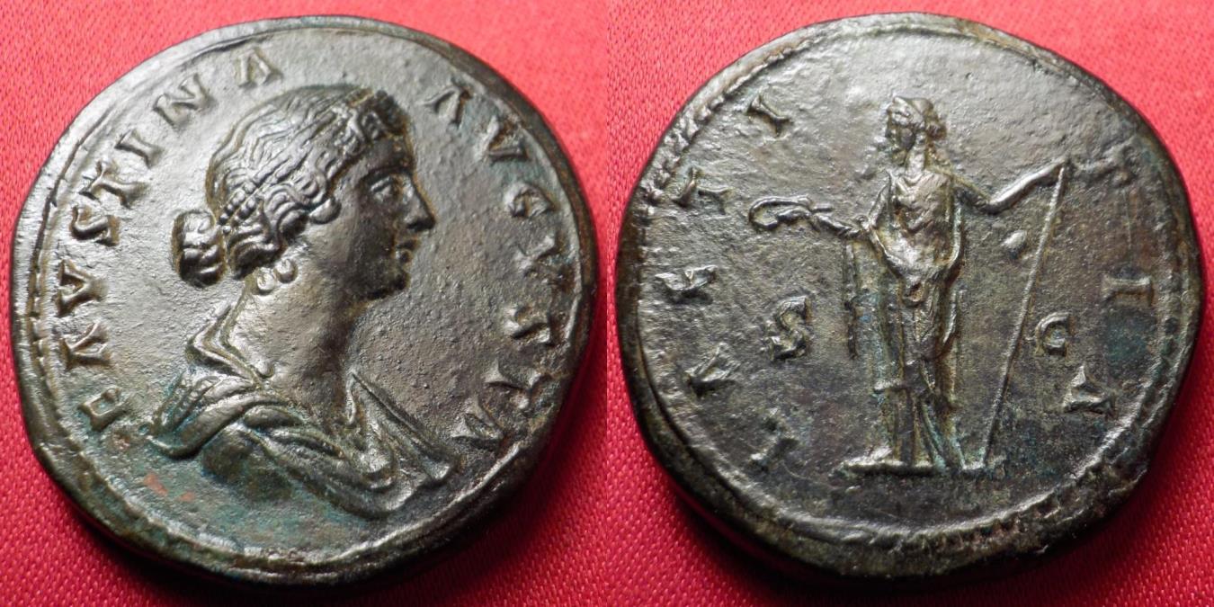 FAUSTINA II JUNIOR AE sestertius. Rome, 161-164 AD. Laetitia standing ...