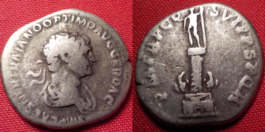 TRAJAN AR silver denarius, showing Trajan's Column, two eagles at base ...