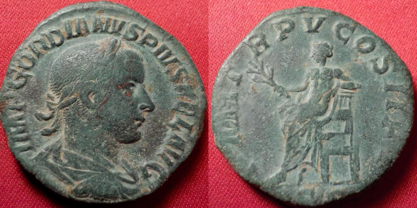GORDIAN III AE sestertius. Apollo seated left, holding branch, elbow ...