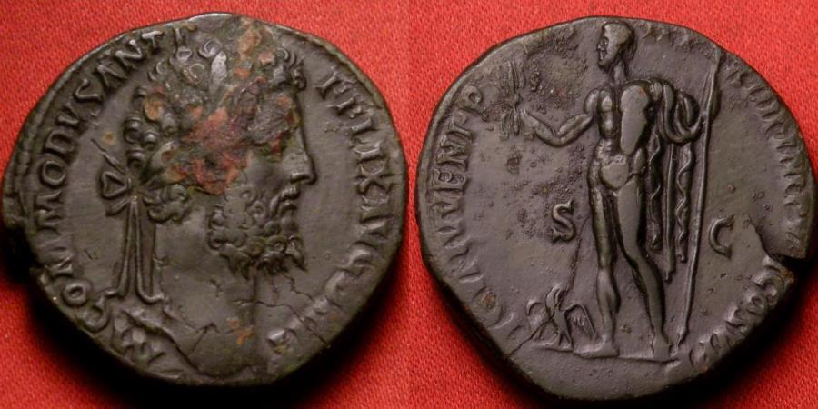 COMMODUS AE sestertius. Rome, 188-189 AD. Jupiter standing, holding ...