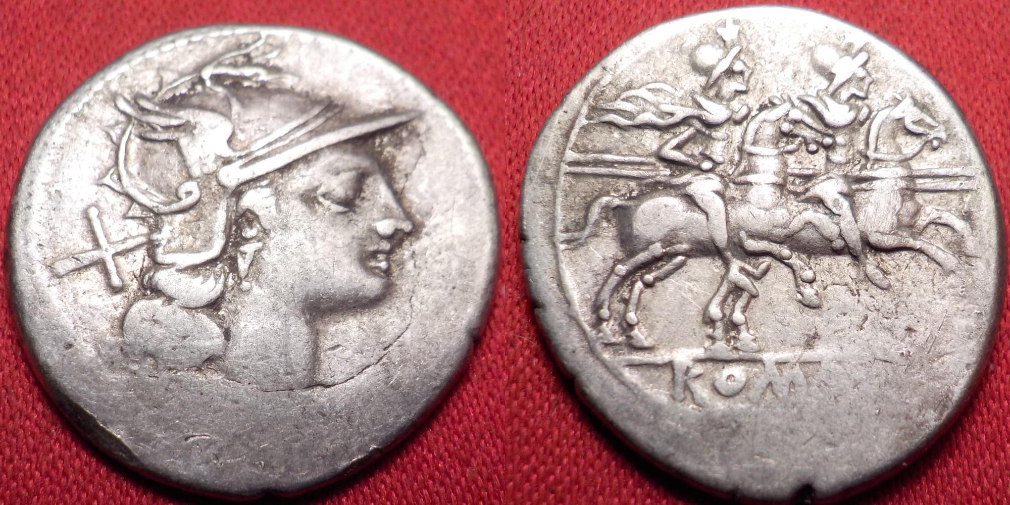 ANONYMOUS AR silver denarius. After 211 BC. Helmeted Roma, The Dioscuri ...