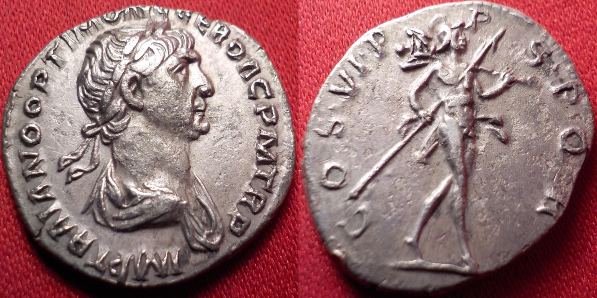 TRAJAN AR silver denarius. Mars advancing, holding spear & trophy. 114 ...