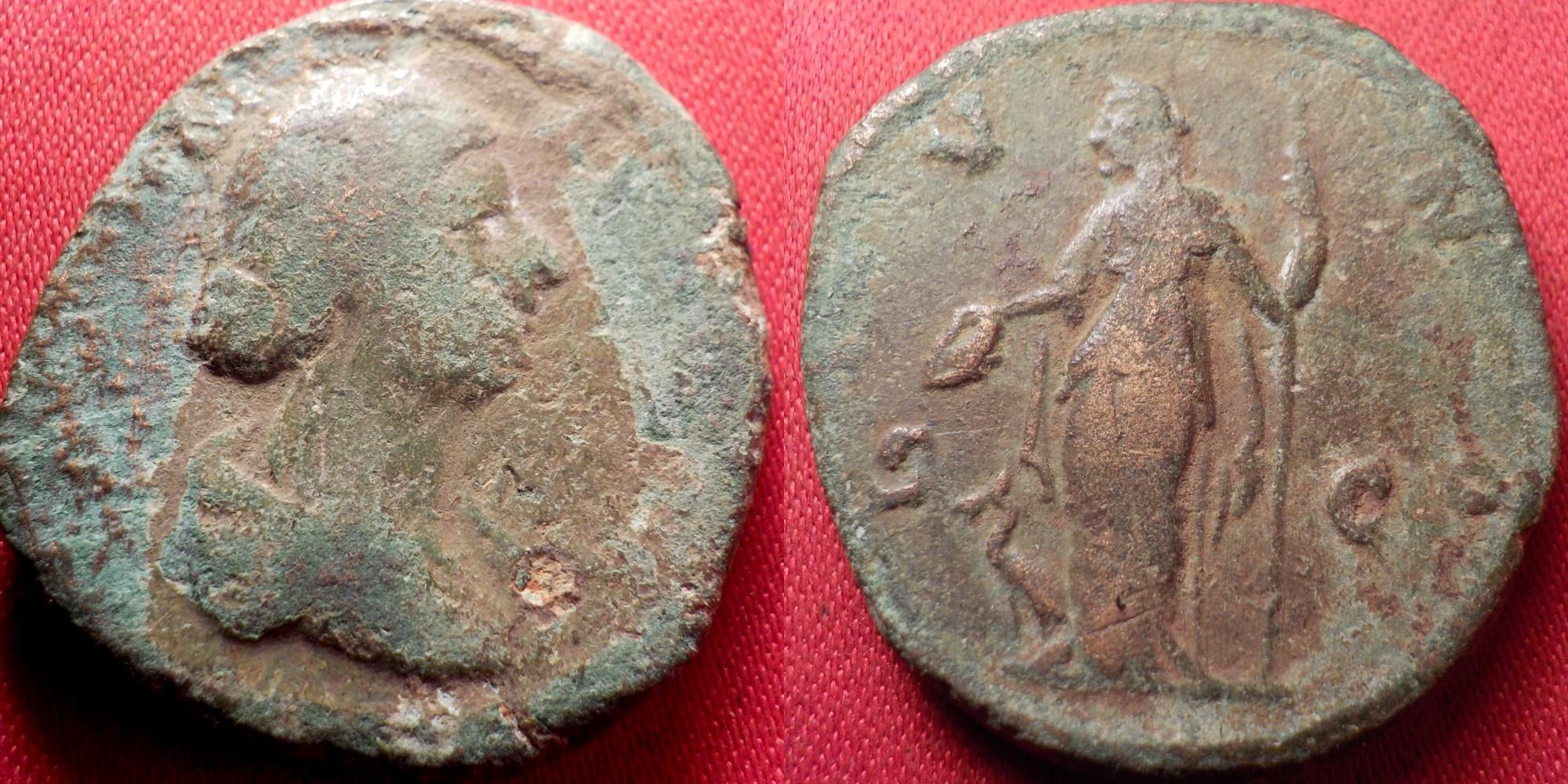 FAUSTINA II JUNIOR AE dupondius. Juno standing, peacock at her feet. 12 ...