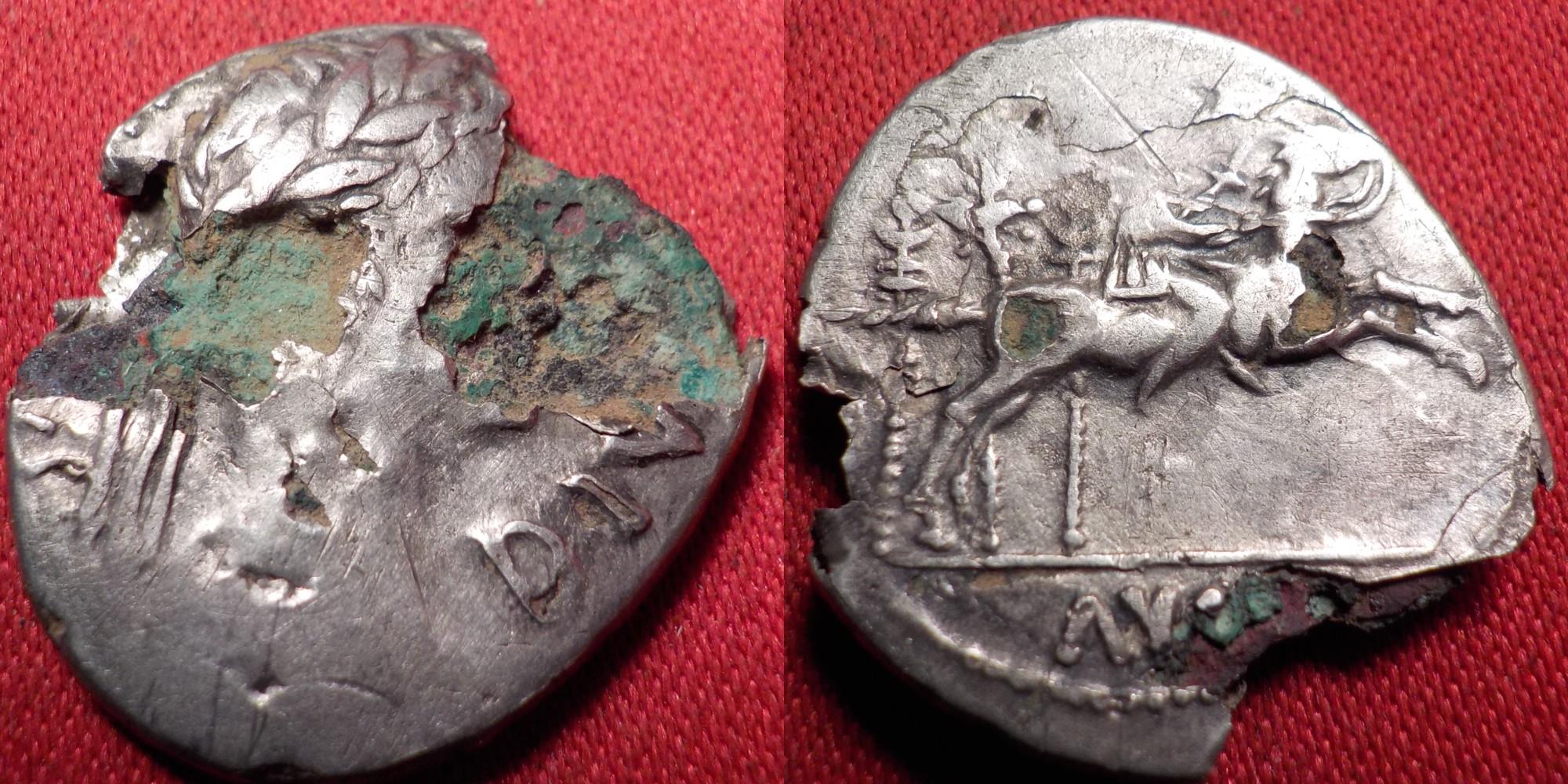AUGUSTUS AR fouree denarius. Caius Caesar on horseback, eagle ...
