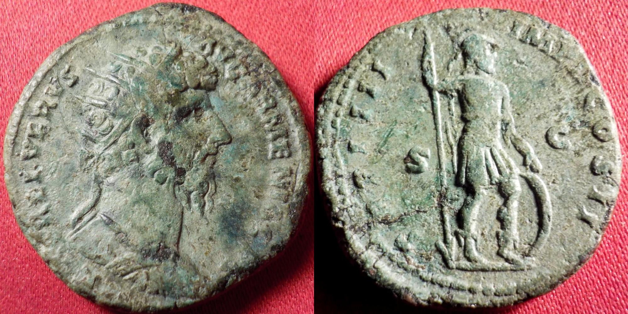 LUCIUS VERUS AE orichalcum dupondius. Mars standing right, holding ...
