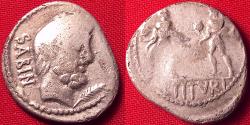 L TITURIUS L F SABINUS AR silver denarius. Bust of King Tatius ...