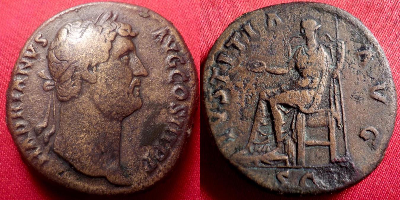 HADRIAN AE sestertius. JUSTITIA seated, holding patera & scepter.