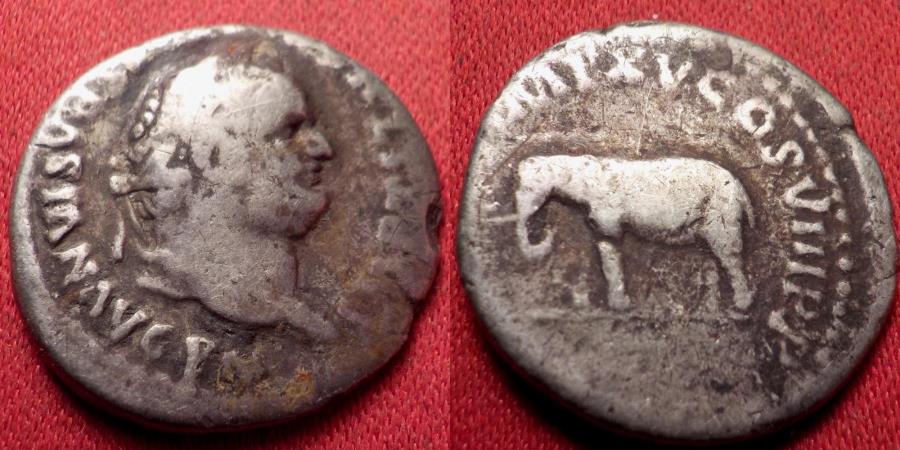TITUS as Augustus silver denarius. Elephant standing. Colosseum opening ...