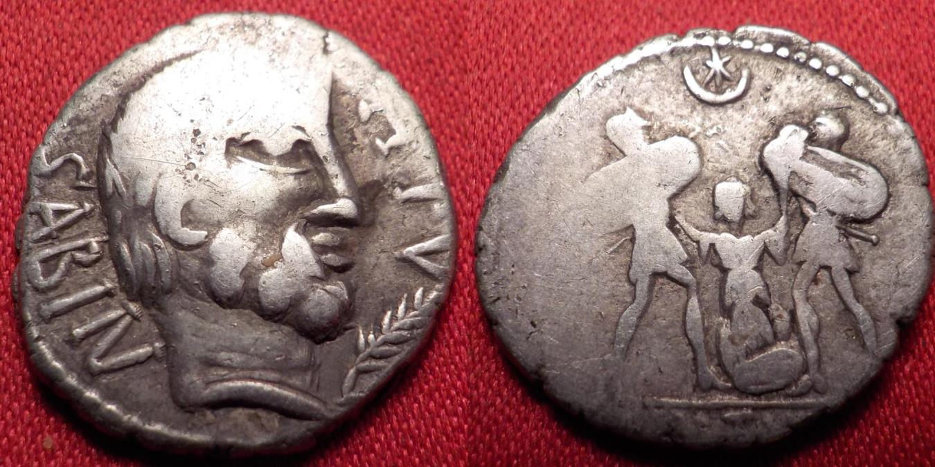 L TITURIUS SABINUS AR silver denarius. 89 BC. King Tatius / Tarpeia ...