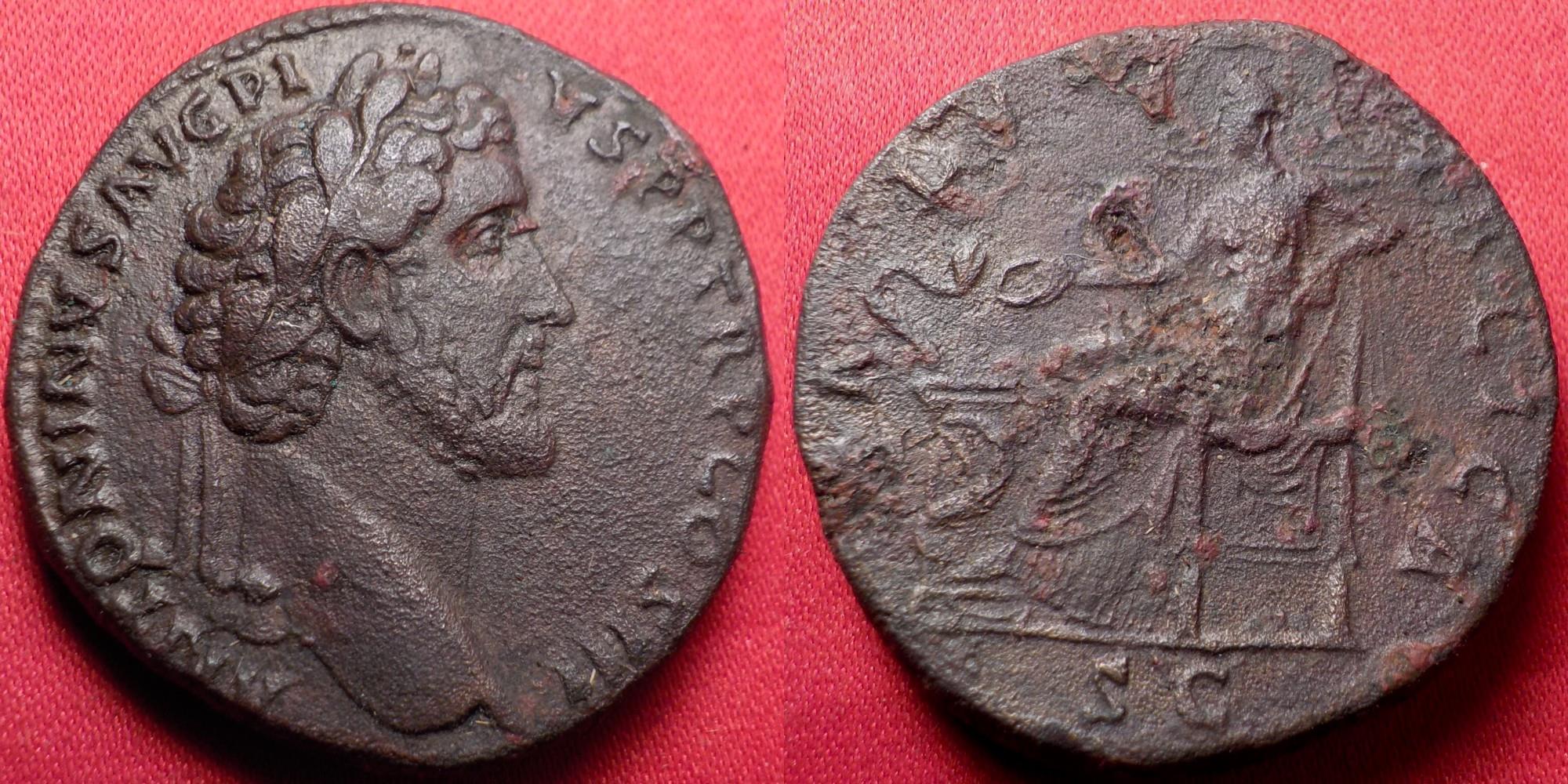 ANTONINUS PIUS AE sestertius. SALUS PUBLICA, Salus seated left