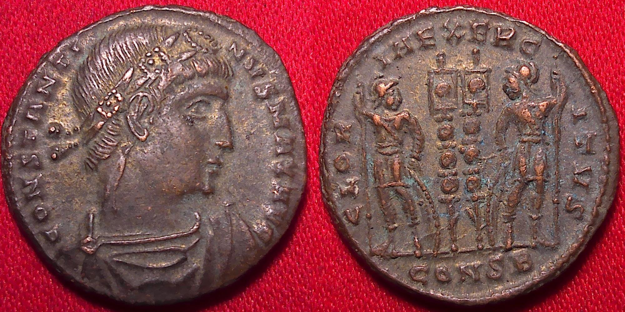 CONSTANTINE I THE GREAT silvered AE3. Gloria Exercitus, soldiers ...