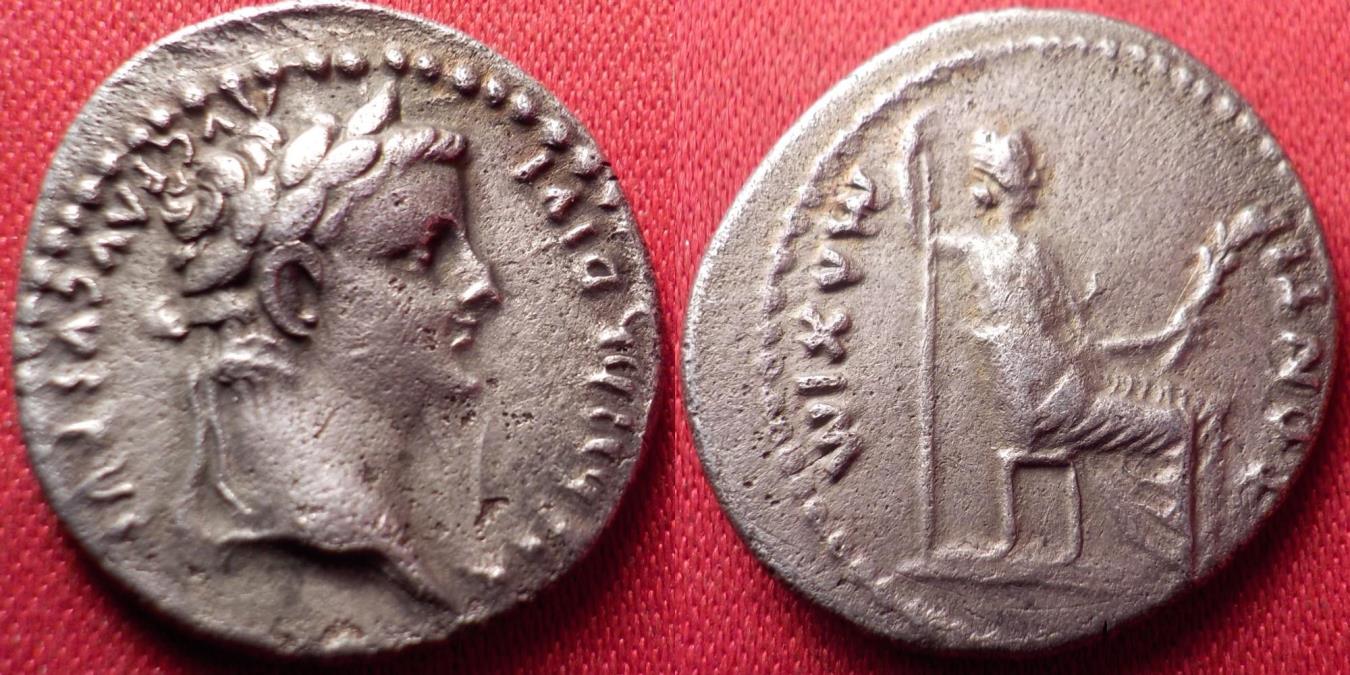 TIBERIUS AR silver denarius. PONTIF MAXIM, Livia, as Pax, seated right