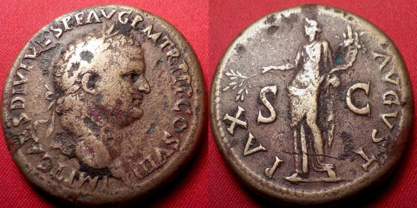 TITUS AE sestertius. Lugdunum mint, 80-81 AD. PAX AVGVSTI, Pax standing ...