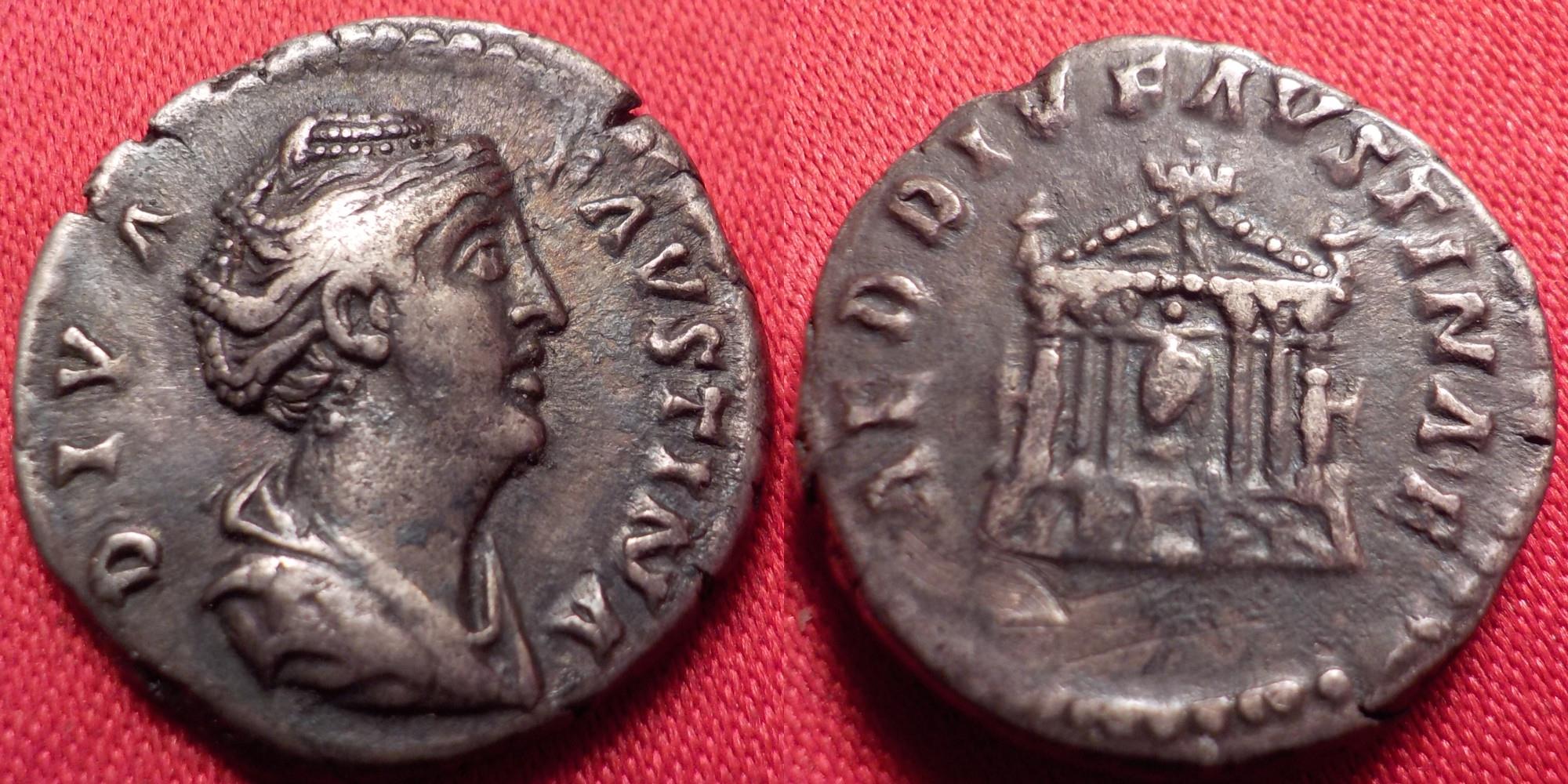 DIVA FAUSTINA I SENIOR AR silver denarius. Hexastyle temple of Faustina ...
