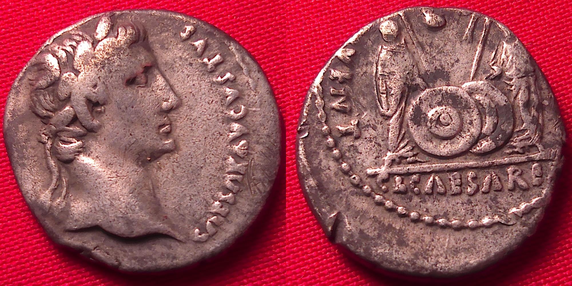 AUGUSTUS AR silver denarius. Caius & Lucius Caesars standing, shields ...
