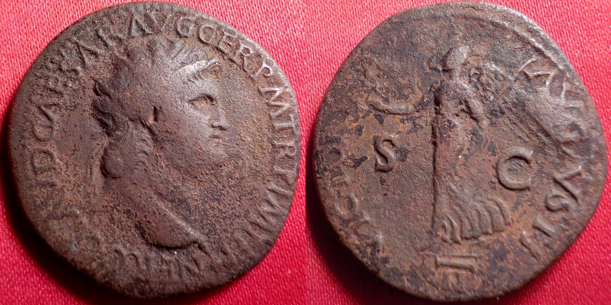 NERO AE orichalcum dupondius. Lugdunum mint, 66 AD. VICTORIA AVGVST ...