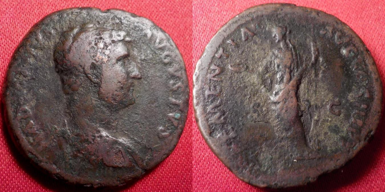 HADRIAN AE as. 132-134 AD. CLEMENTIA standing, holding patera & scepter.