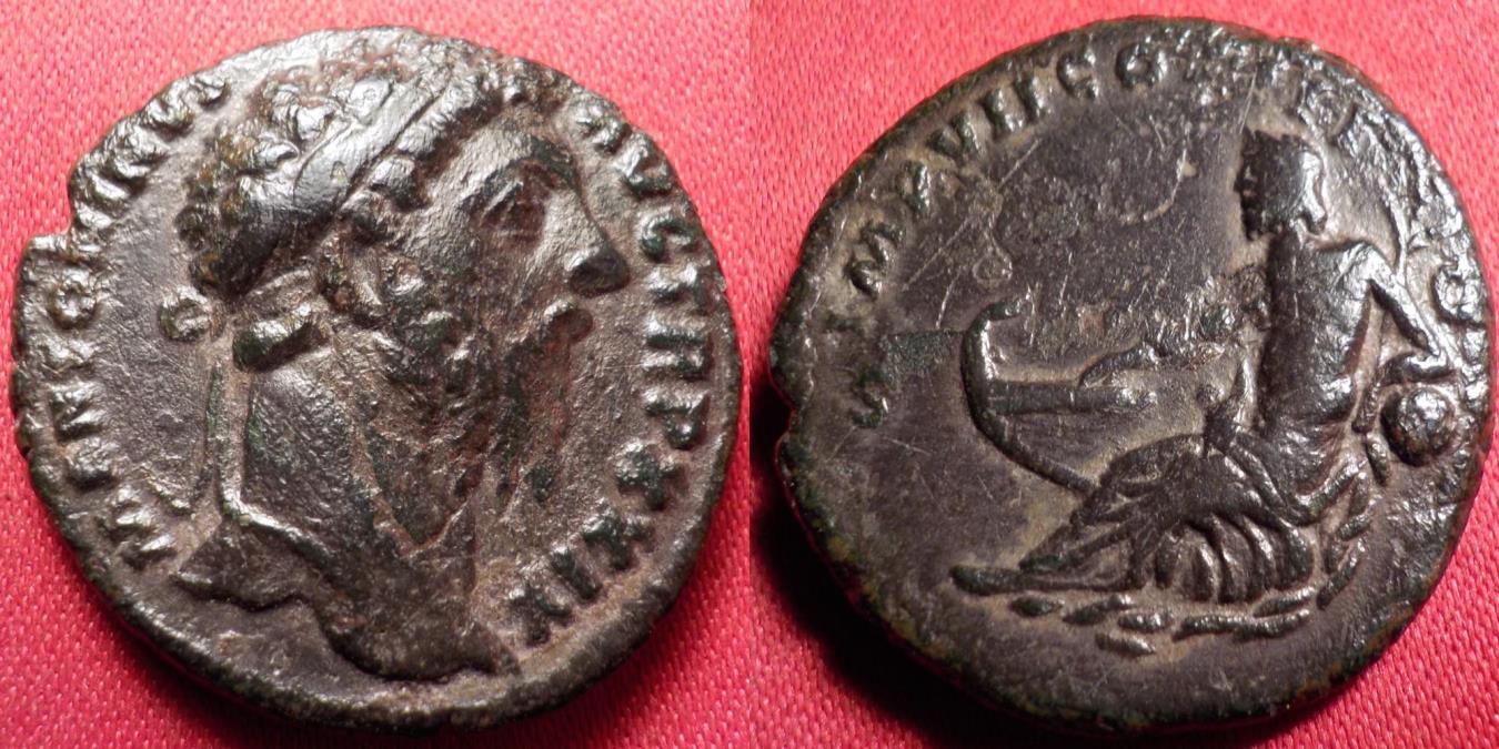 MARCUS AURELIUS AE as. River god Tiber reclining, hand on prow, water ...