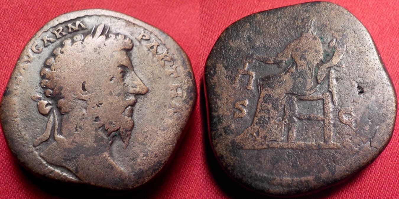 MARCUS AURELIUS AE sestertius. Aequitas seated, holding scales ...