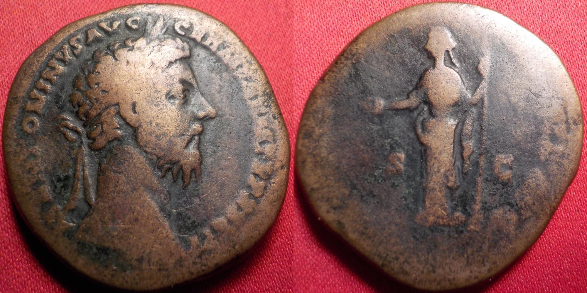MARCUS AURELIUS AE sestertius. CLEMENTIA standing, holding patera ...