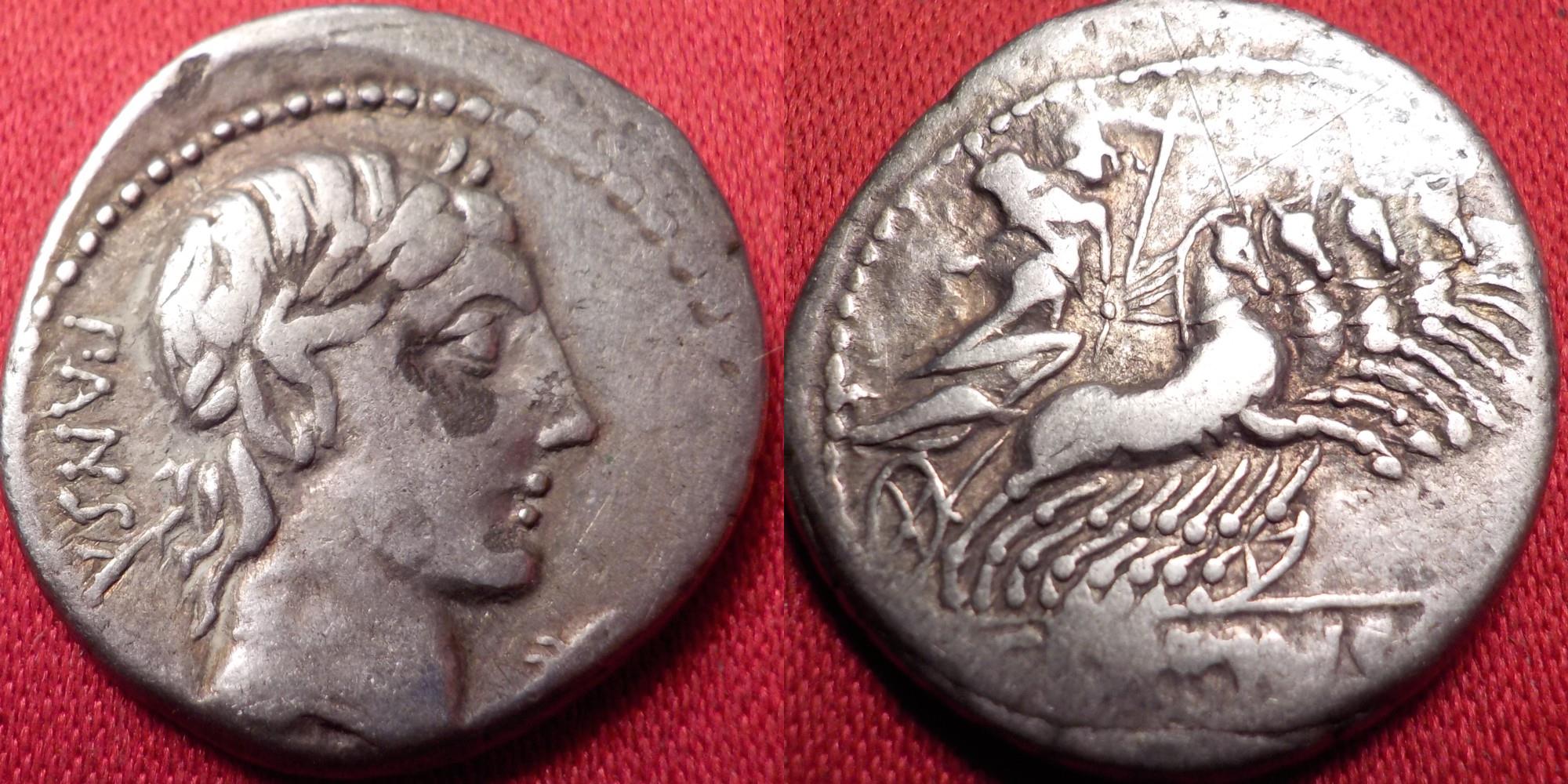 C VIBIUS PANSA AR silver denarius. Minerva in quadriga, bust of Apollo