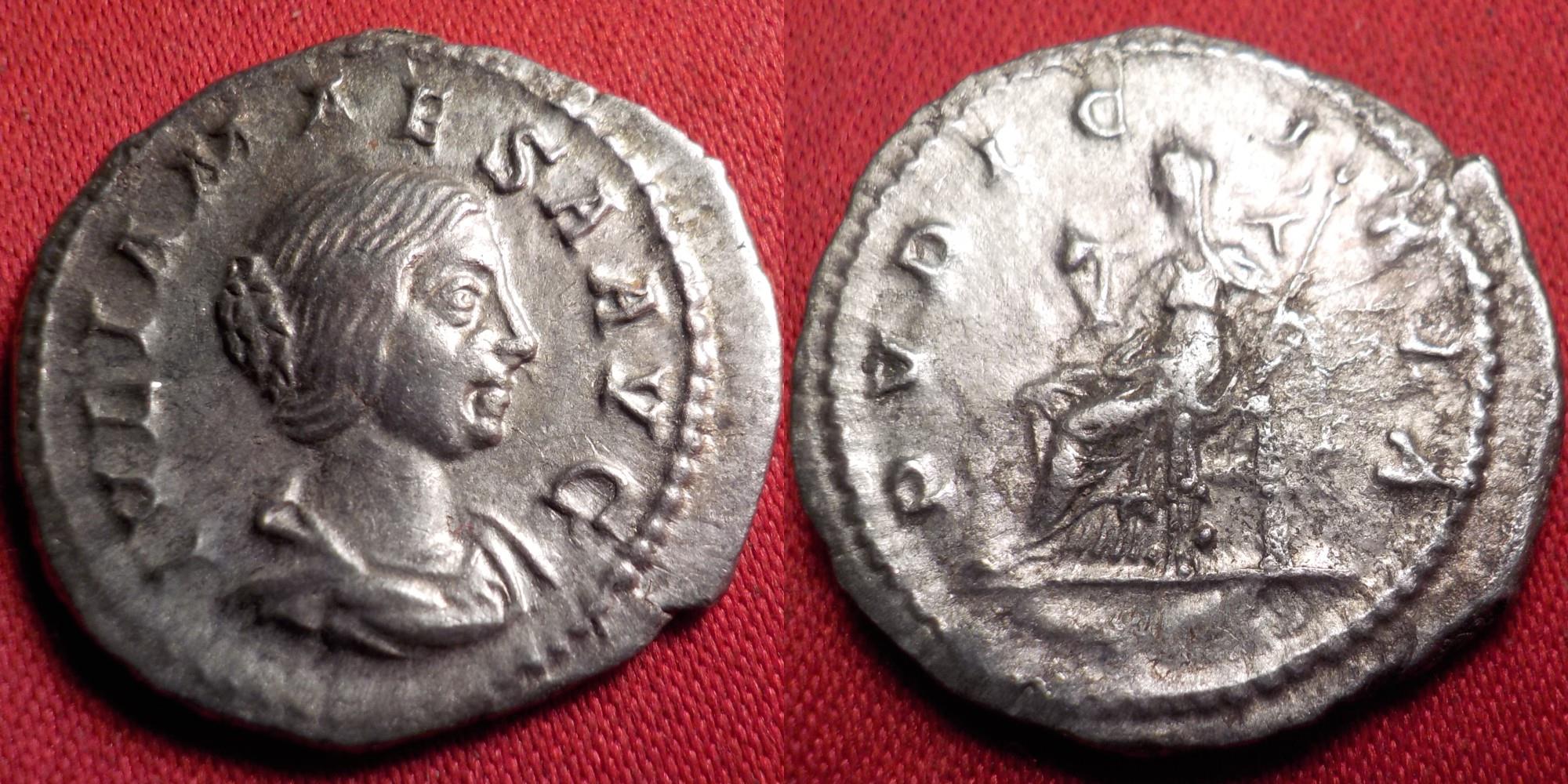 JULIA MAESA AR silver denarius. Pudicitia seated, raising veil.