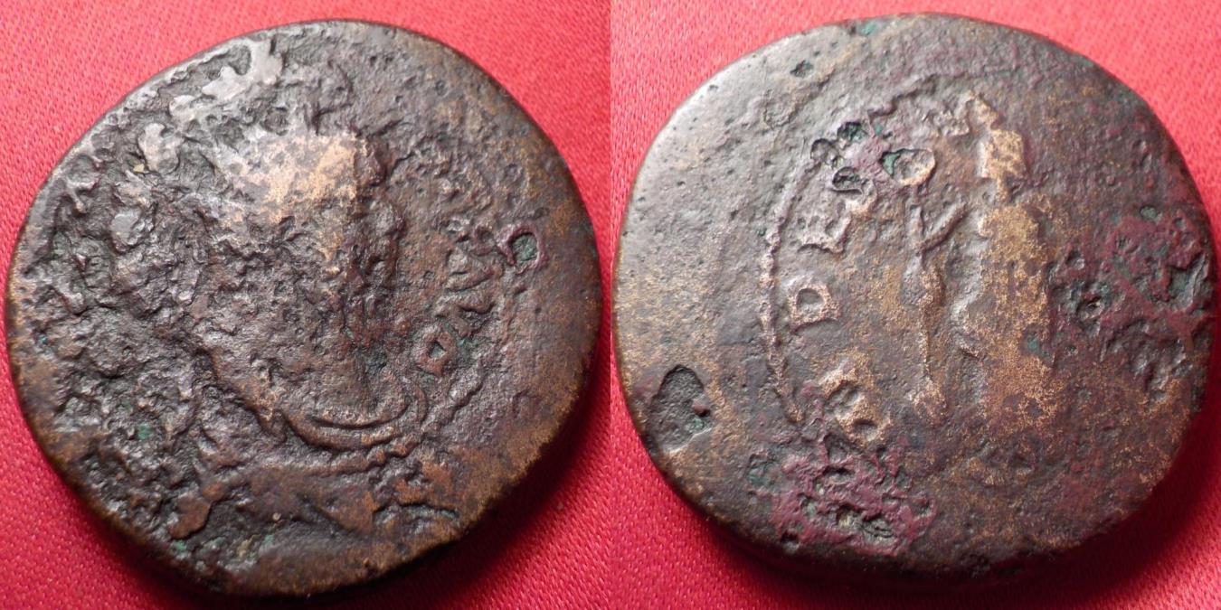 POSTUMUS AE radiate double sestertius. Fides standing. Overstruck on a ...