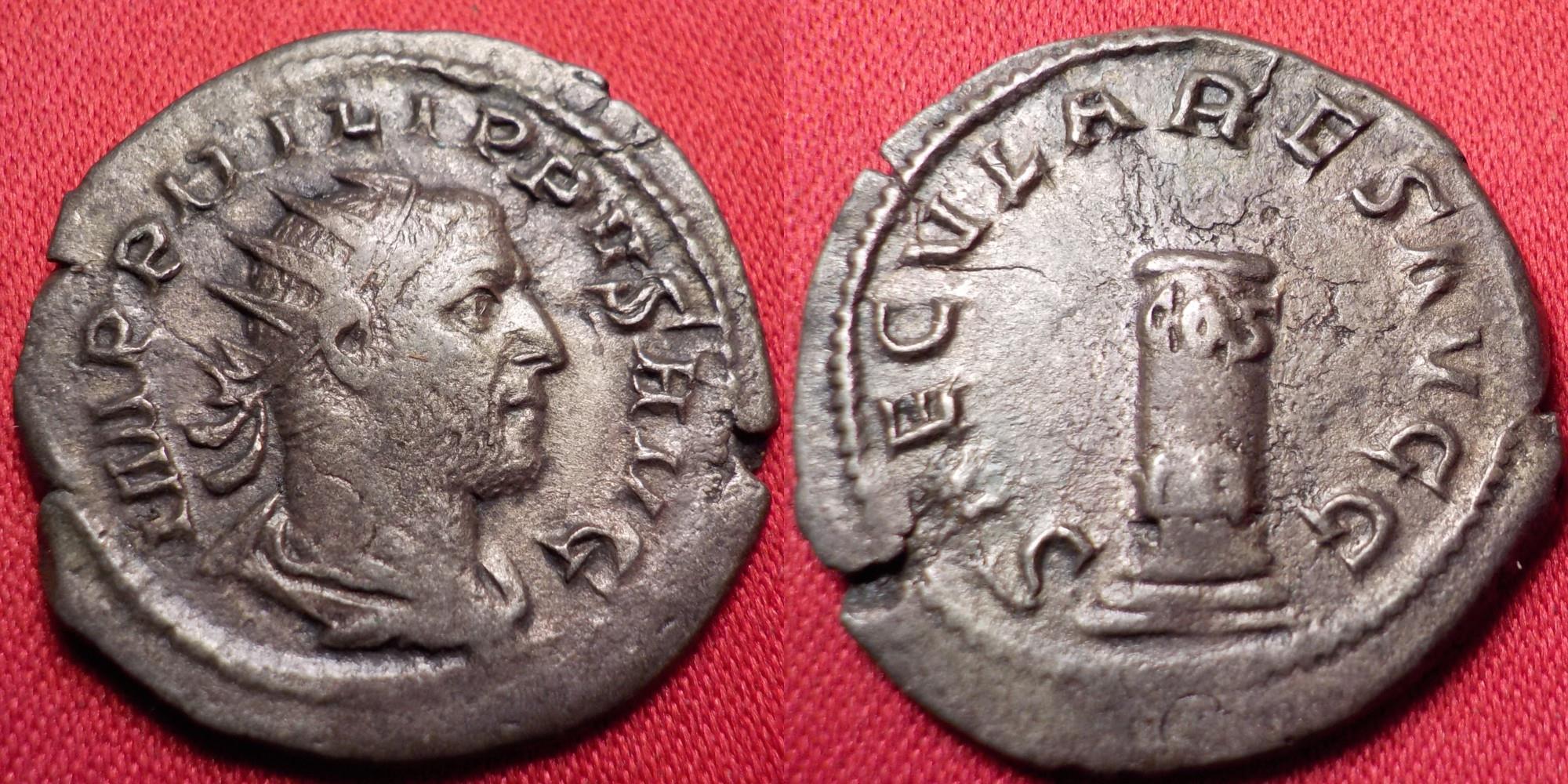 PHILIP I THE ARAB AR silver antoninianus. SACVLARES AVGG, Cippus ...