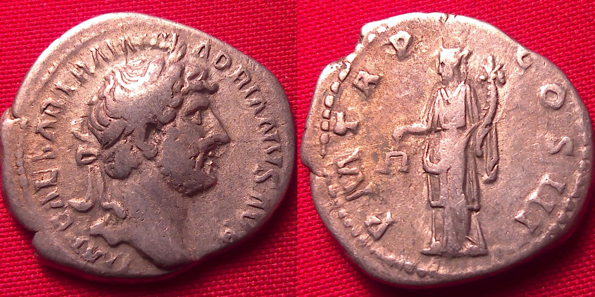 HADRIAN AR silver denarius. Aequitas standing, holding scales & cornucopia.