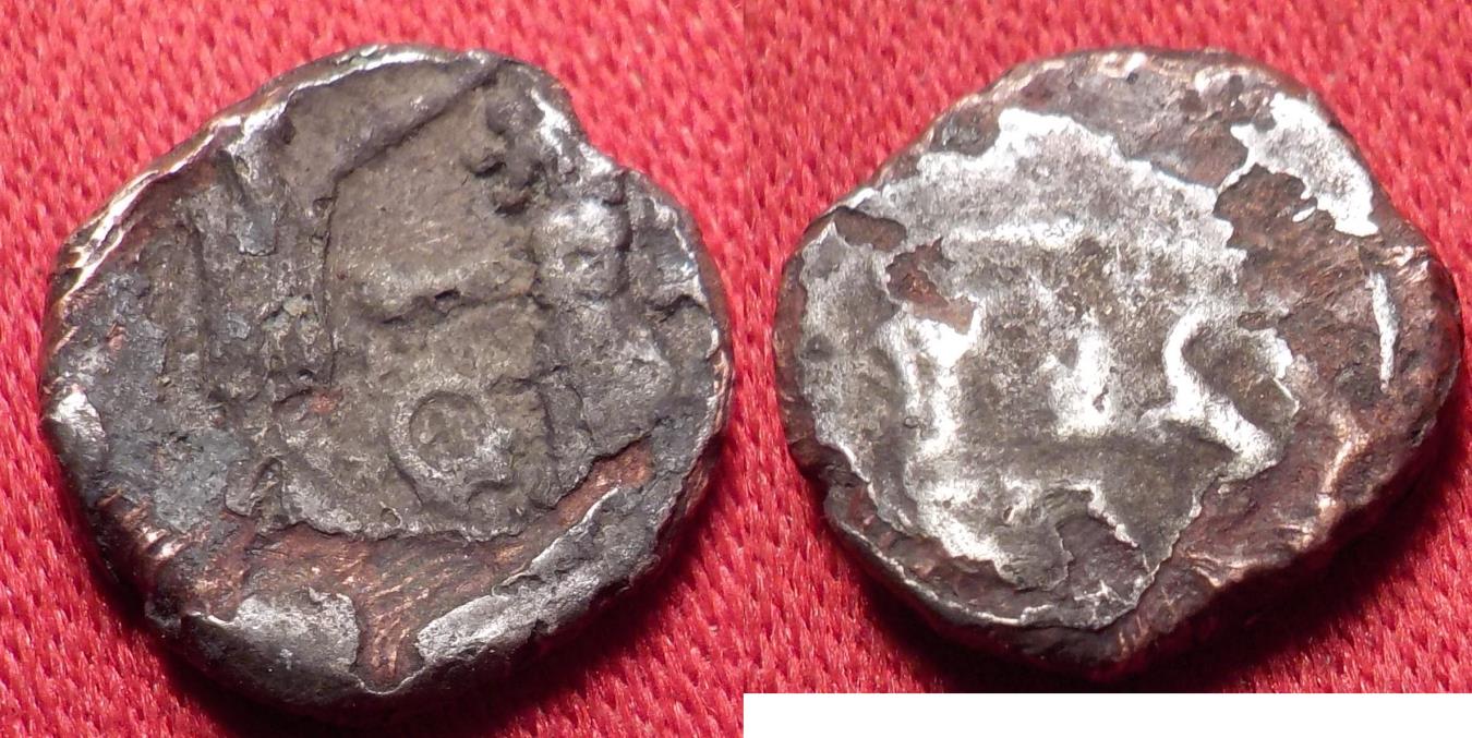 PHOENICIA, SIDON AR fouree 1/16th shekel. King/hero fighting lion, city ...