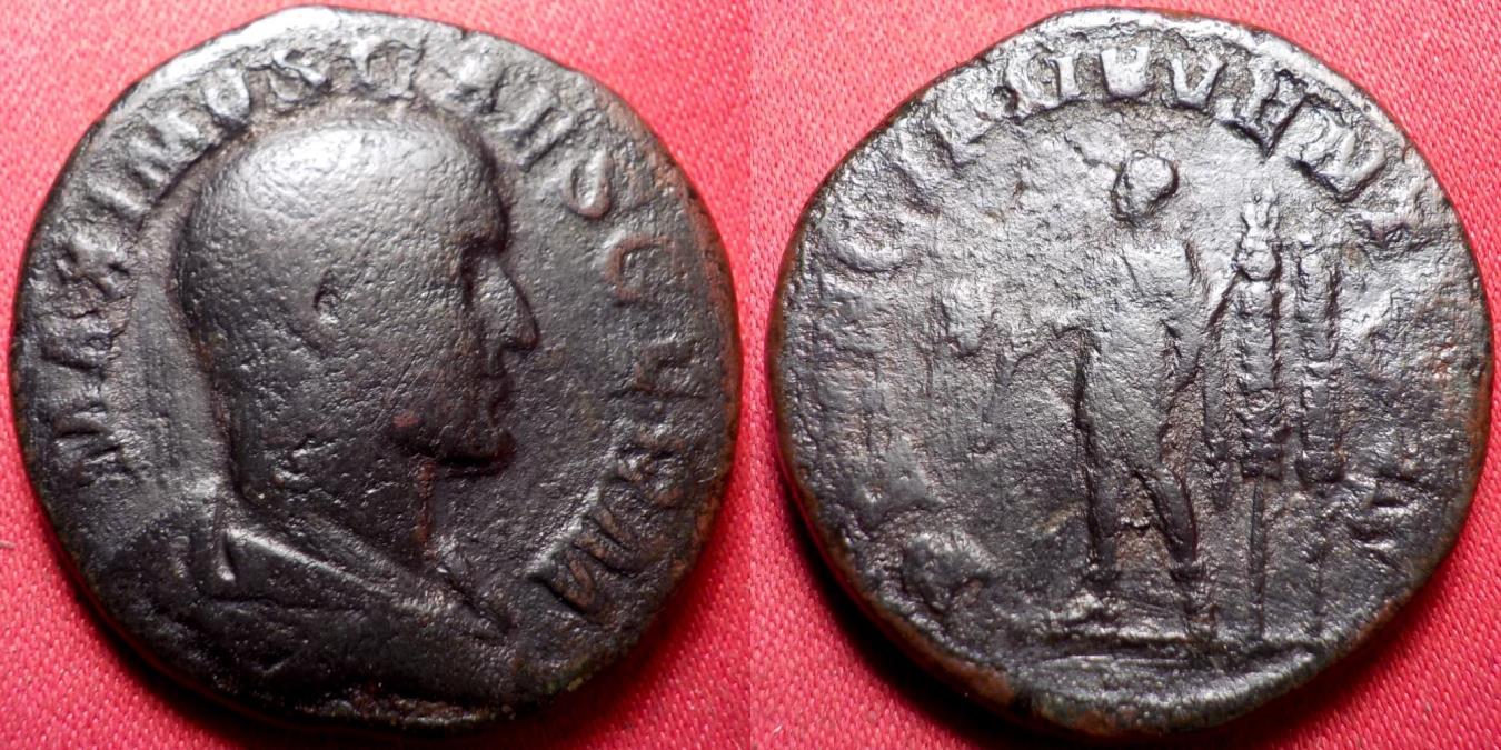 MAXIMUS CAESAR AE sestertius. PRINCIPI IVVENTVTIS, Maximus standing ...