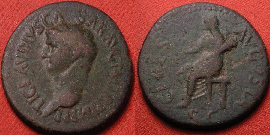 CLAUDIUS AE orichalcum dupondius. CERES seated on ornamental throne ...