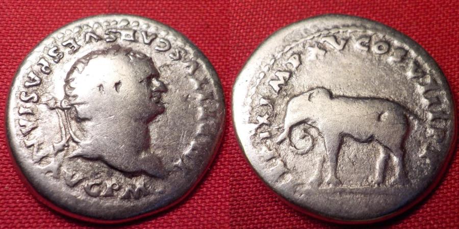 TITUS as Augustus silver denarius. Elephant standing. Colosseum opening ...