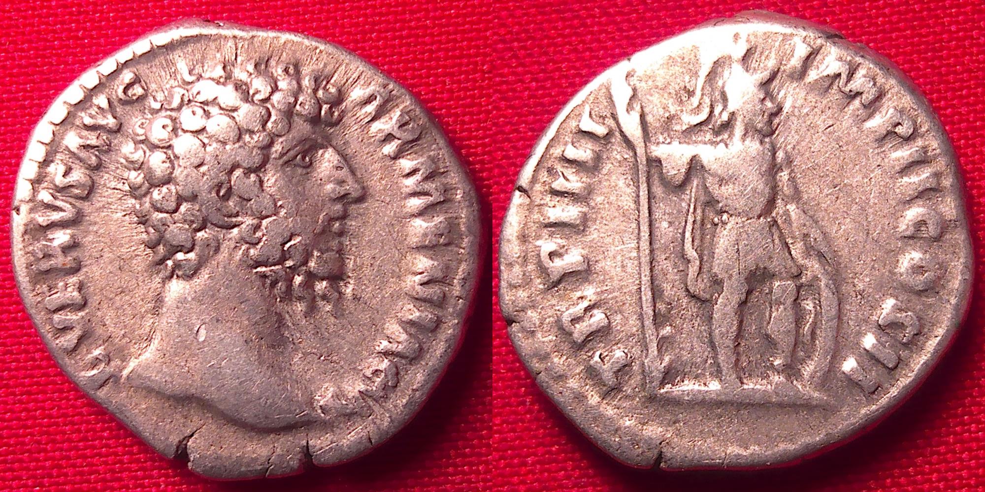 LUCIUS VERUS AR silver denarius. Mars standing, with spear & shield.