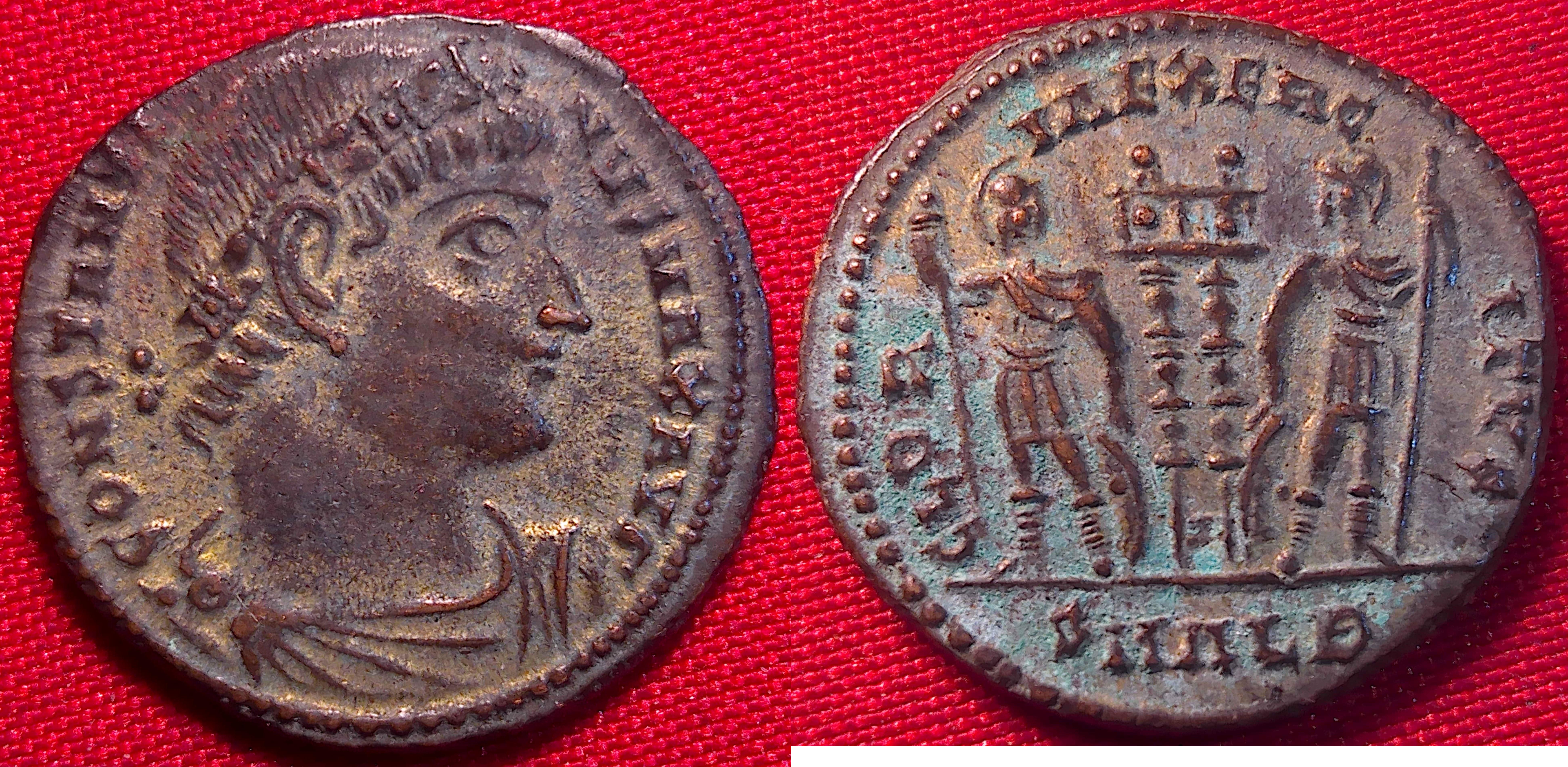 CONSTANTINE I THE GREAT AE silvered follis. Alexandria. Soldiers ...